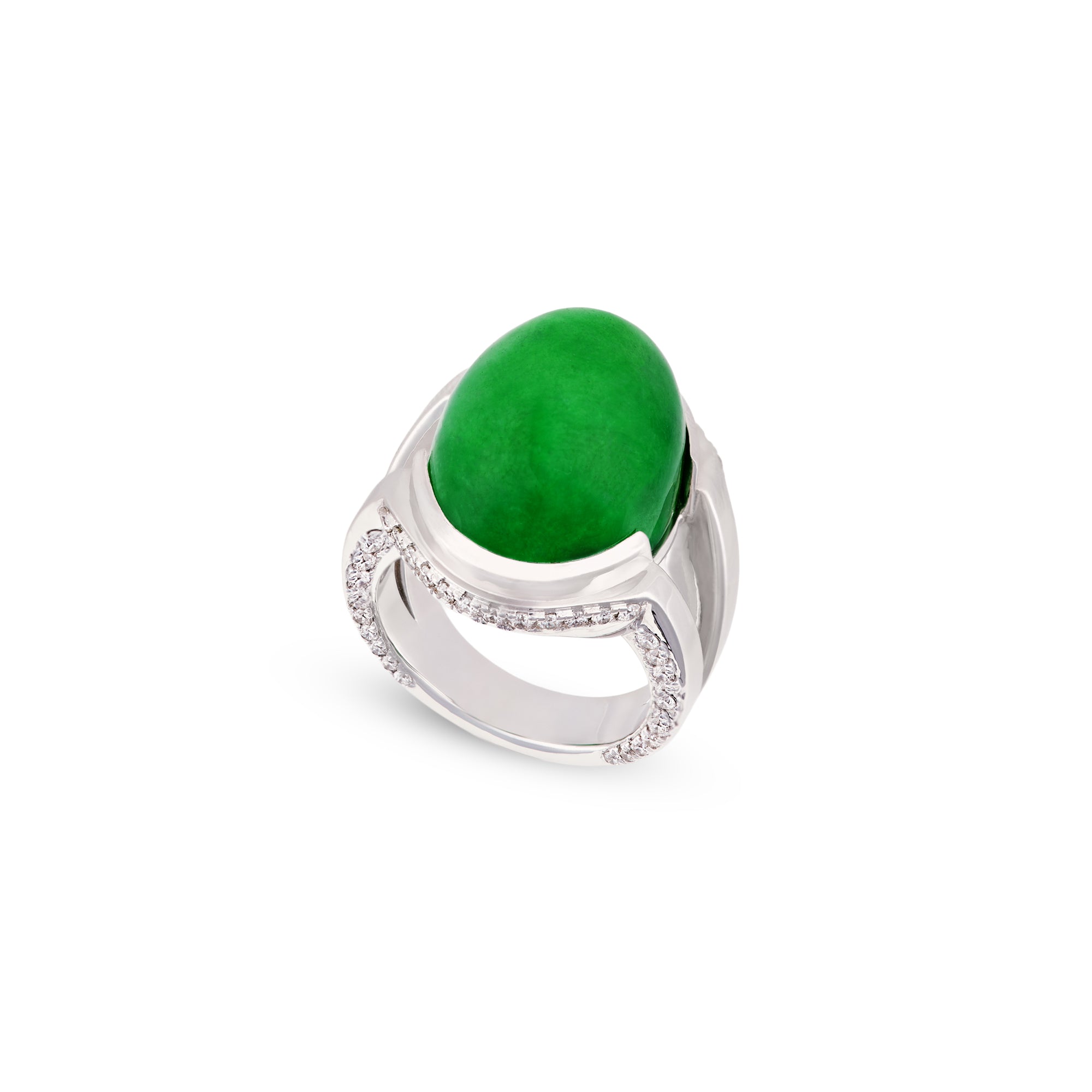 Imperial Jadeite Cabochon Ring in 18ct White Gold with Round Brilliant – Asprey London